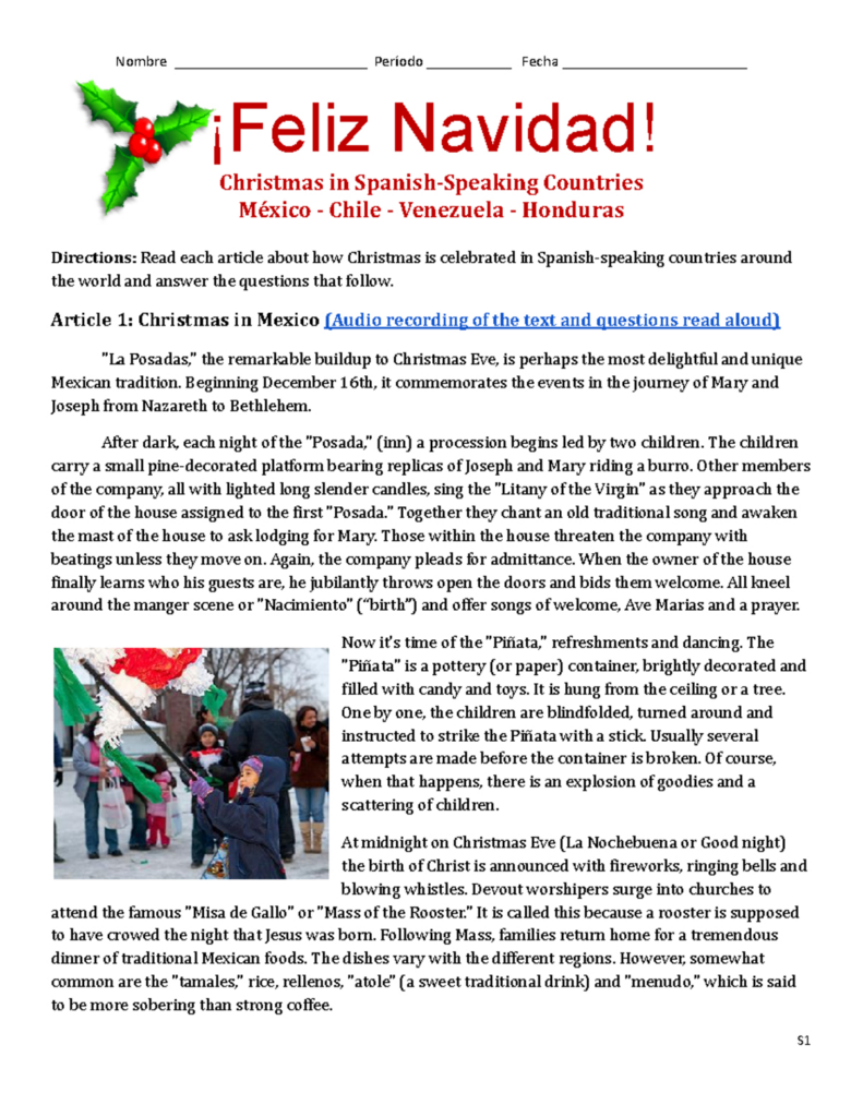 Feliz Navidad Christmas In Spanish Speaking Countries Worksheet Answers ...