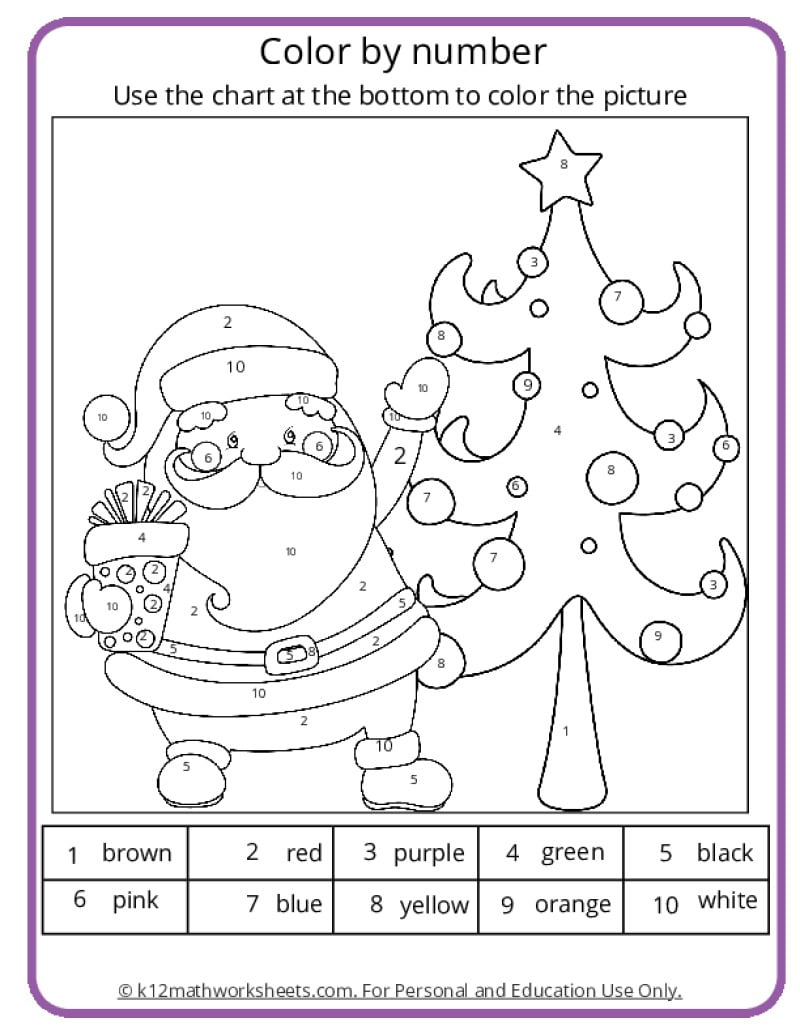 Color by Number Worksheets For Kindergarten Christmas | Printable ...